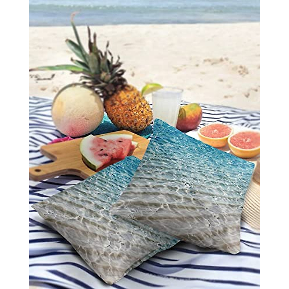 Vandarllin Outdoor Throw Pillows Covers 26X26 Set of 2 Waterproof Clear Sea Water Decorative Zippered Lumbar Cushion Covers for Patio Furniture, Blue Ocean Beach