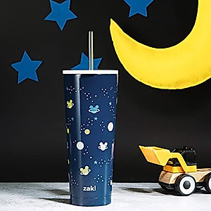 Zak Designs Disney Mickey Mouse Vacuum Insulated Stainless Steel Travel Tumbler with Splash-Proof Lid, Includes Reusable Plastic Straw and Fits in Car Cup Holders (18/8 SS, 25 oz, Space)