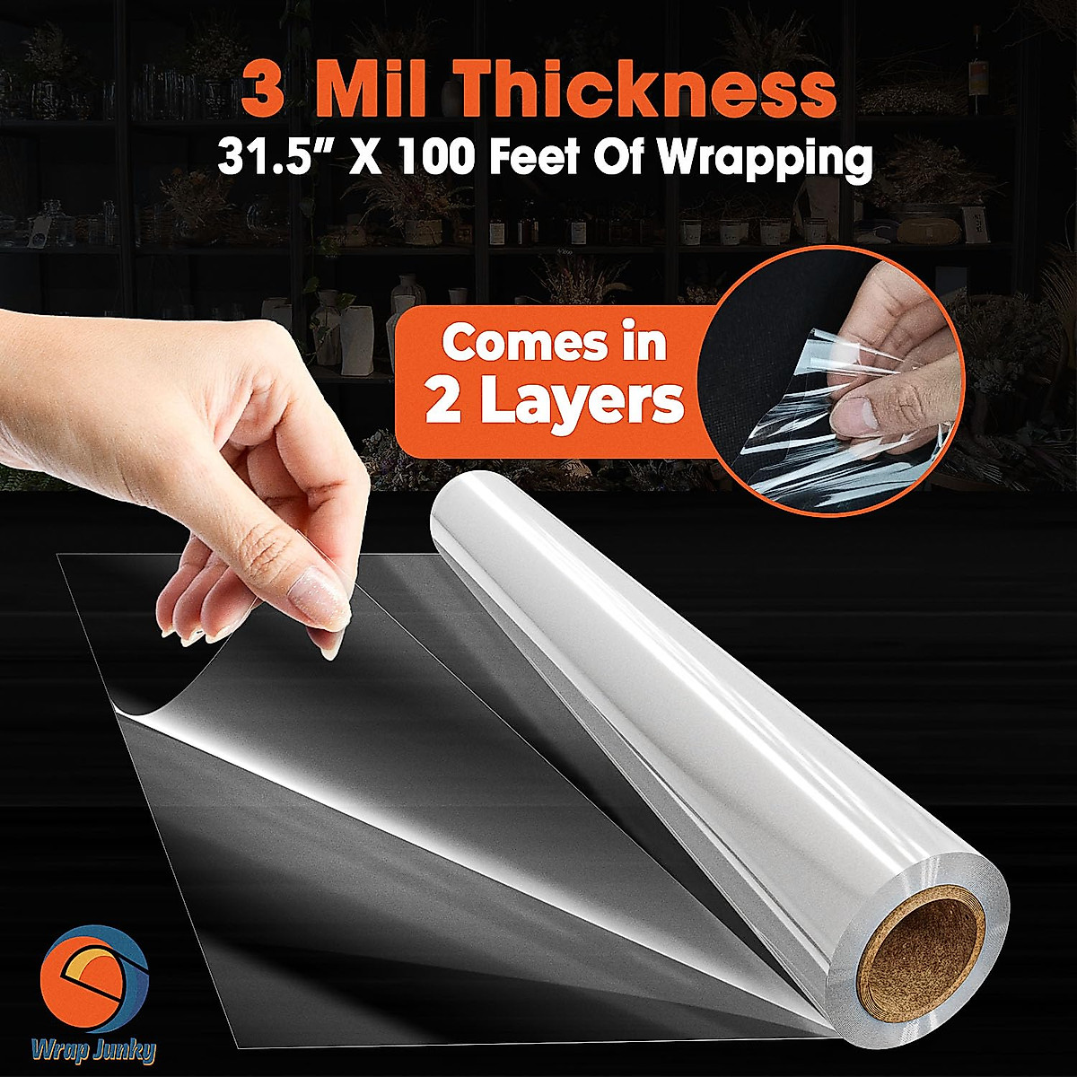 Wrap Junky Premium 3mm Thick Clear Cellophane Wrap Roll | 31.5” x 100 ft (Unfolded) Folded to 15.7” | Cellophane Wrap for Gift Baskets | Durable & Tear-Resistant | Clear Wrapping Paper for Food, Flower & Craft