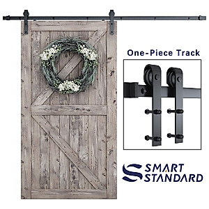 8ft Heavy Duty Sliding Barn Door Hardware Kit(J Shape) + Barn Door Bottom Adjustable Floor Guide Roller + 12" Pull and Flush Barn Door Handle + Barn Door Large Size Latch Lock