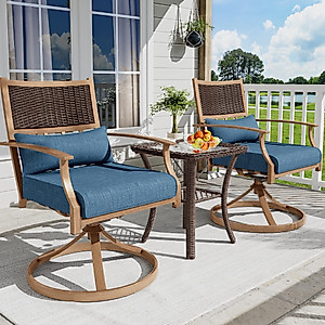 Amopatio 3 Pieces Patio Swivel Chairs Set of 2 with Wicker Table, Bistro Set with Swivel Rocker Chair, Outdoor Furniture with Thickened Cushions for Porch Backyard Deck (Blue)