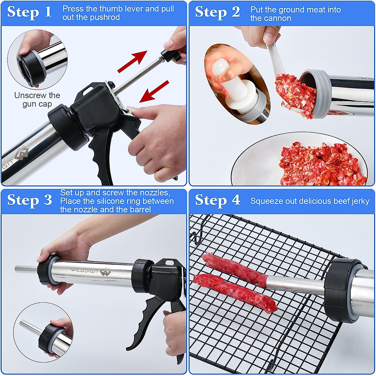 WILDDIGIT 3rd Gen 2.1 LB Professional Jerky Gun Kits, Sausage Stuffer, Stainless Steel Jerky Maker, Jerky Shooter, Beef Jerky Making Gun with 5 Nozzles, 1 meat pusher and 5 Cleaning Brushes