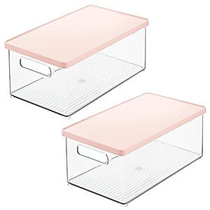 mDesign Plastic Storage Bin Box Container, Lid - Built-In Handles - Organization for Toys, Games, or Accessories in Play or Game Room, Cabinet, Shelves, or Cubby, Ligne Collection, 2 Pack, Clear/Pink