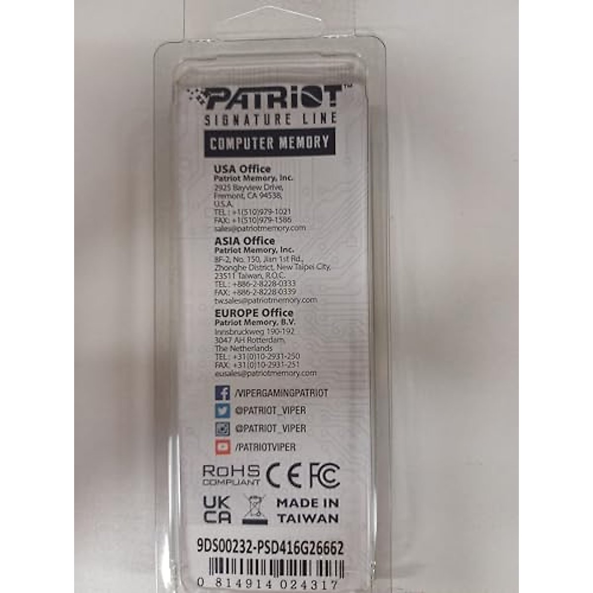 Patriot Memory Signature 16GB 2666MHz PC4-21300 CL19 DDR4 Memory Module