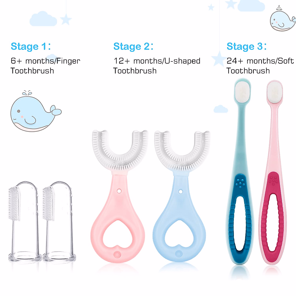 6 in 1 Baby Training Toothbrush Set - Infant to Toddler Toothbrush Oral Care Toothbrush - Food Grade Silicone,Extra Soft Bristles,Perfect for 6+,12+,24+ Months
