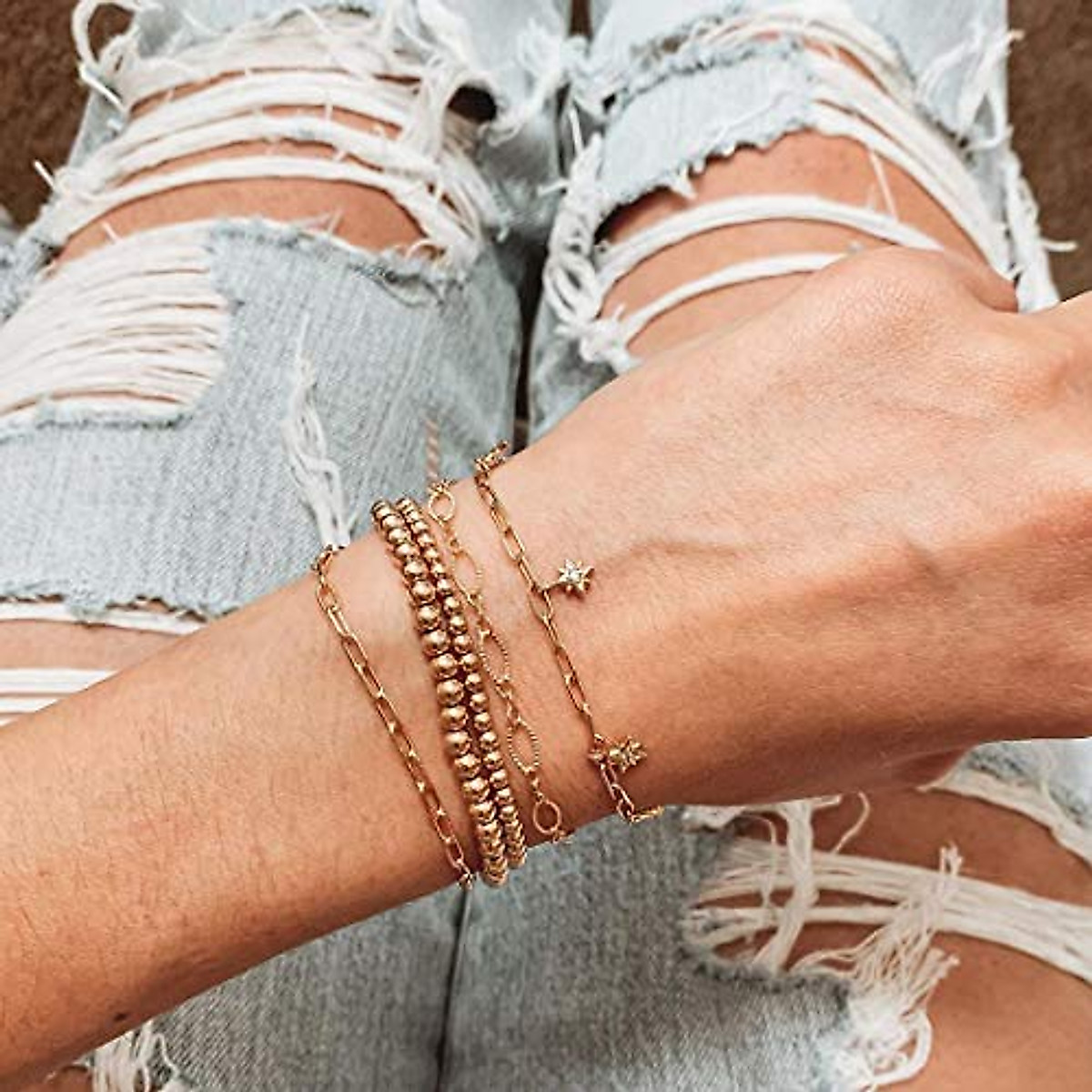 Reoxvo Dainty Gold Beaded Bracelets Jewelry Set for Women Trendy 14K Gold Paperclip Link Chain Bracelet Stack