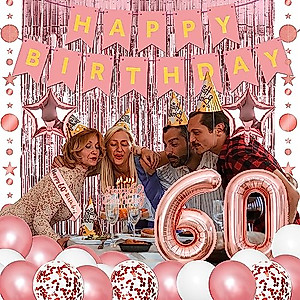 Yawagor 29 Pieces Rose Gold 60th Birthday Decorations for Women, Happy Birthday Decor Set-60th Birthday Anniversary Foil Balloons, Sash, Cake Topper, Fringe Curtains for Home Indoor Party Supplies