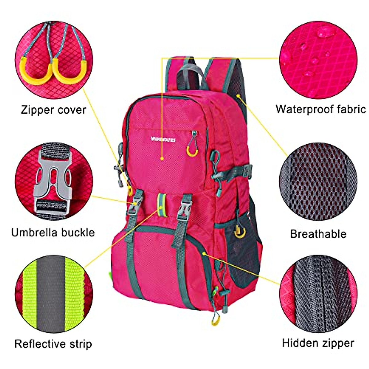 WEREWOLVES Lightweight Waterproof Foldable Small Backpack - Water Resistant Hiking Daypack for Outdoor Camping Travel (35L, Fuschia)
