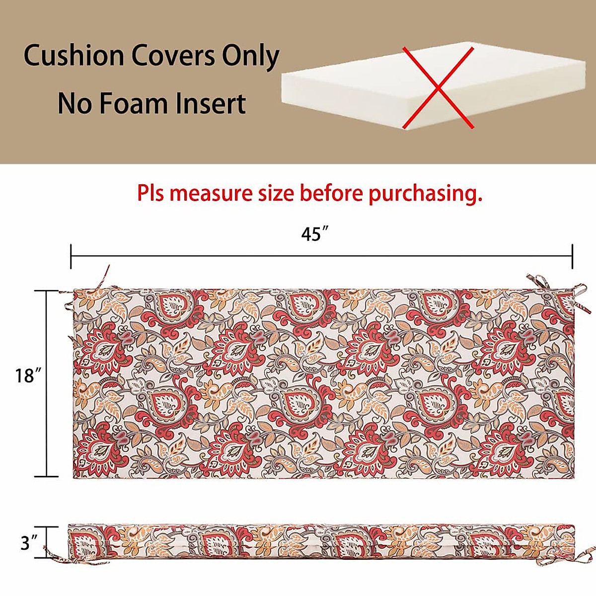 Magpie Fabrics Patio Bench Cushion Cover 45x18x3 Inch, NO Insert! Water Resistant Outdoor Loveseat Replacement Cover with Zipper (Botanical Red Orange)