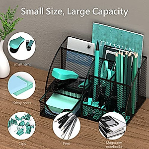 ITAYVAN Desk Organizers, Office Supplies Pencil holder with 6 Compartments and 1 Sliding Drawer, Mesh Desktop Organizer for Office, Home, Classroom and School