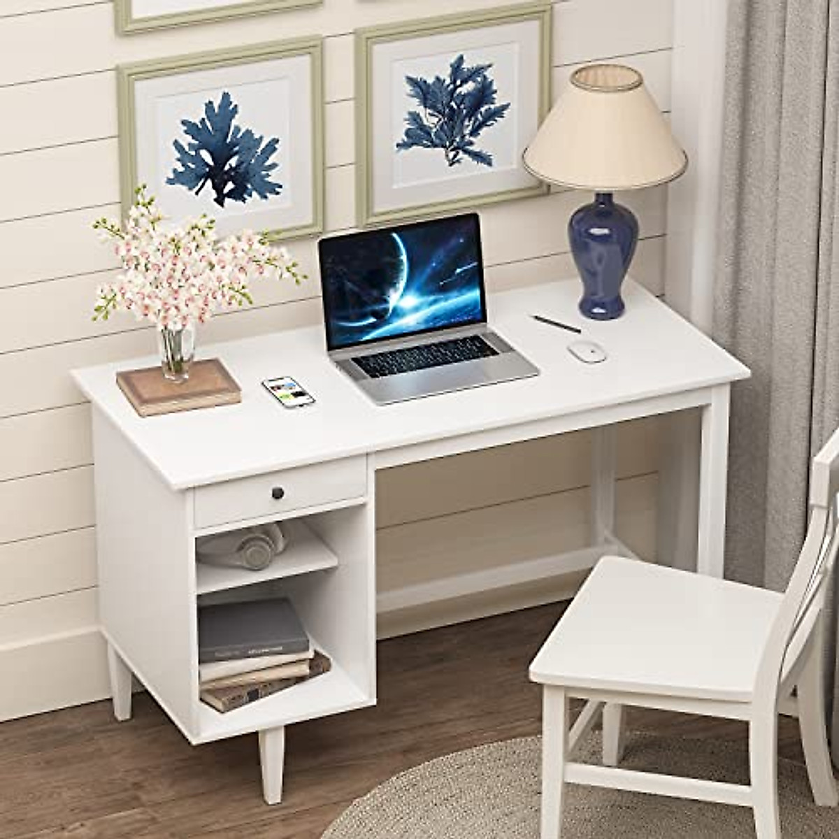 White Desk with Drawers & Shelves,43-inch Small Desk for Bedroom White Vanity Desk with Storage Drawer,Modern Home Office Computer Desk