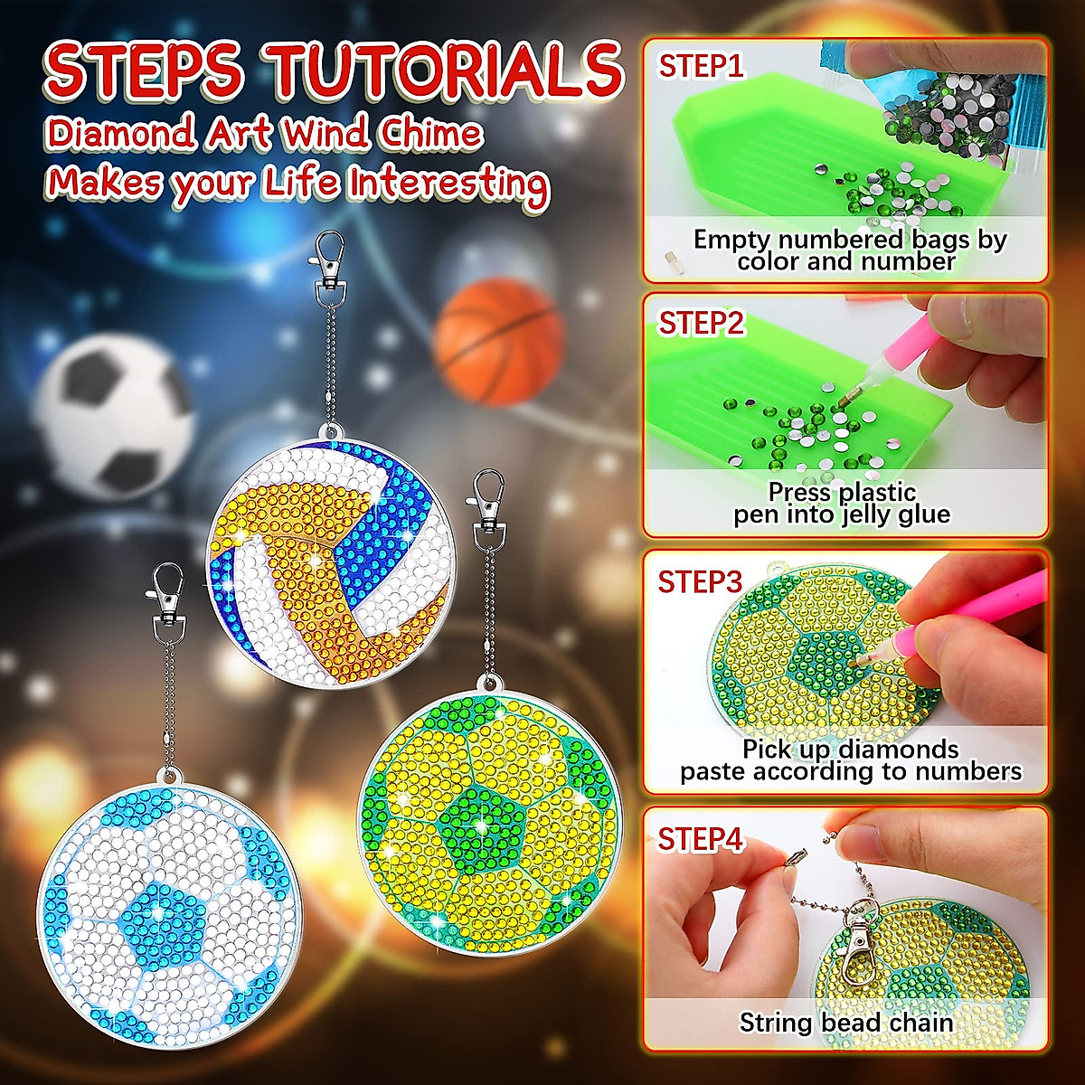 Junkin 26 Pcs Balls DIY Diamond Art Painting Keychain Kits 5D Diamond Painting Key Chains Soccer Ball Football Chain Key for Backpack Shoulder Bag Sports Accessories Adults and Kids