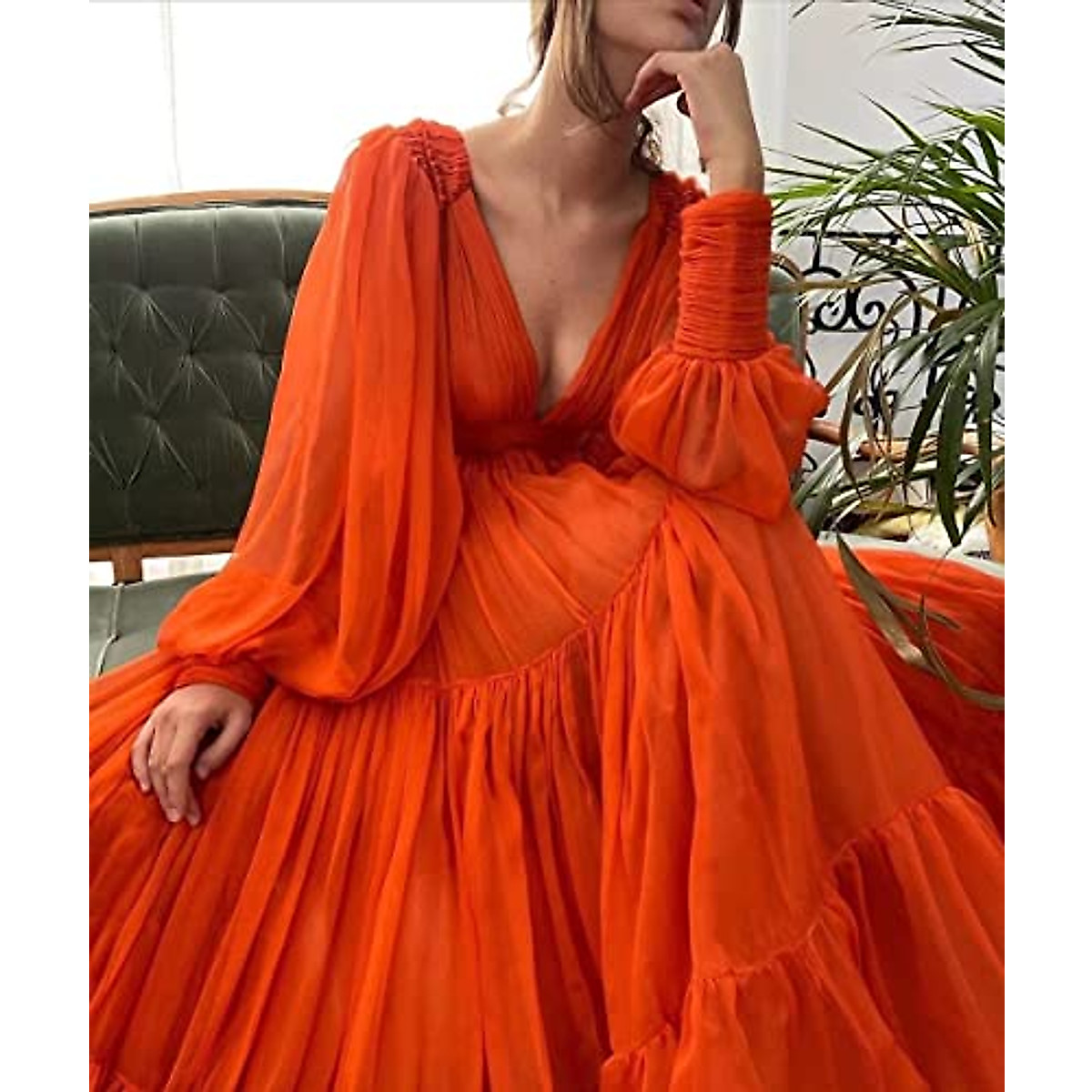 Women's Puffy Tulle Formal Evening Party Gowns Long Sleeve Princess Dress V Neck Ruched Prom Dresses White