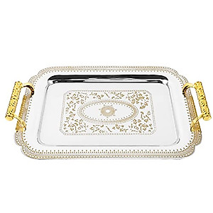Cabilock Rectangular Serving Tray Stainless Steel Tea Drink Platter Snack Tray Breakfast Serving Platter with Handle for Food Dessert Fruit Coffee Tea 35x24. 5CM