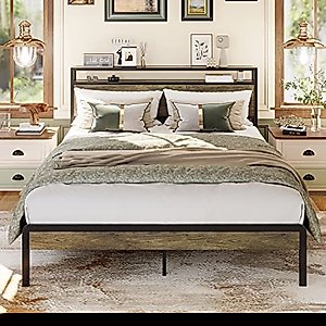 LIKIMIO Queen Bed Frame with Storage Headboard, Platform Bed Frame Queen Size with Strong Supports, More Sturdy, Noise-Free, No Box Spring Needed, Rustic Maple