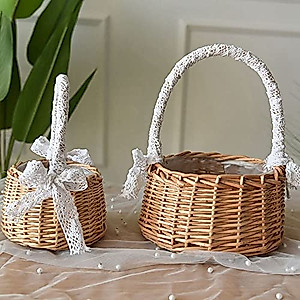 Rattan Flower Girl Hand Basket for Wedding Picnic, Retro Hand Woven Basket with Handle for Home Garden Decor(S)