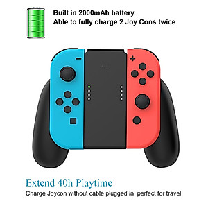 Kinvoca Charging Grip with 2000mAh Battery, 2-in-1 Comfort Grip for Nintendo Switch Controller, Controller Charger with 32in USB-C Cable, Power & Charge Indicators, Overcharge Protection
