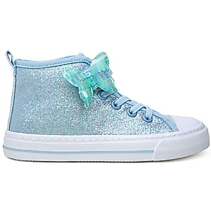 Toandon Kids Girls Sneakers Glitter Sparkle Shoes Toddler Child Slip On High Top Toddler Adjustable Hook Loop Straps Velcro Non-Slip Lightweight Sequins Blue Butterfly Size 2