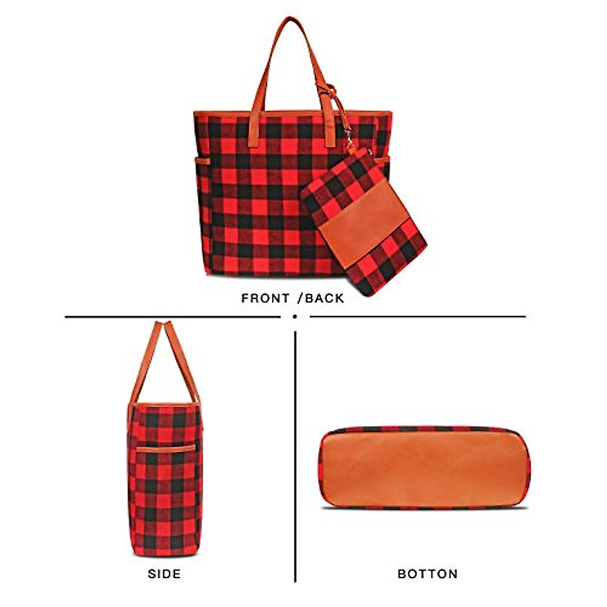 MONOBLANKS Women Buffalo Plaid Check Tote Set with Matching Wristlet,Personalized Top Handle Handbag Working Bag Best Gift for Her (Red Buffalo Plaid)