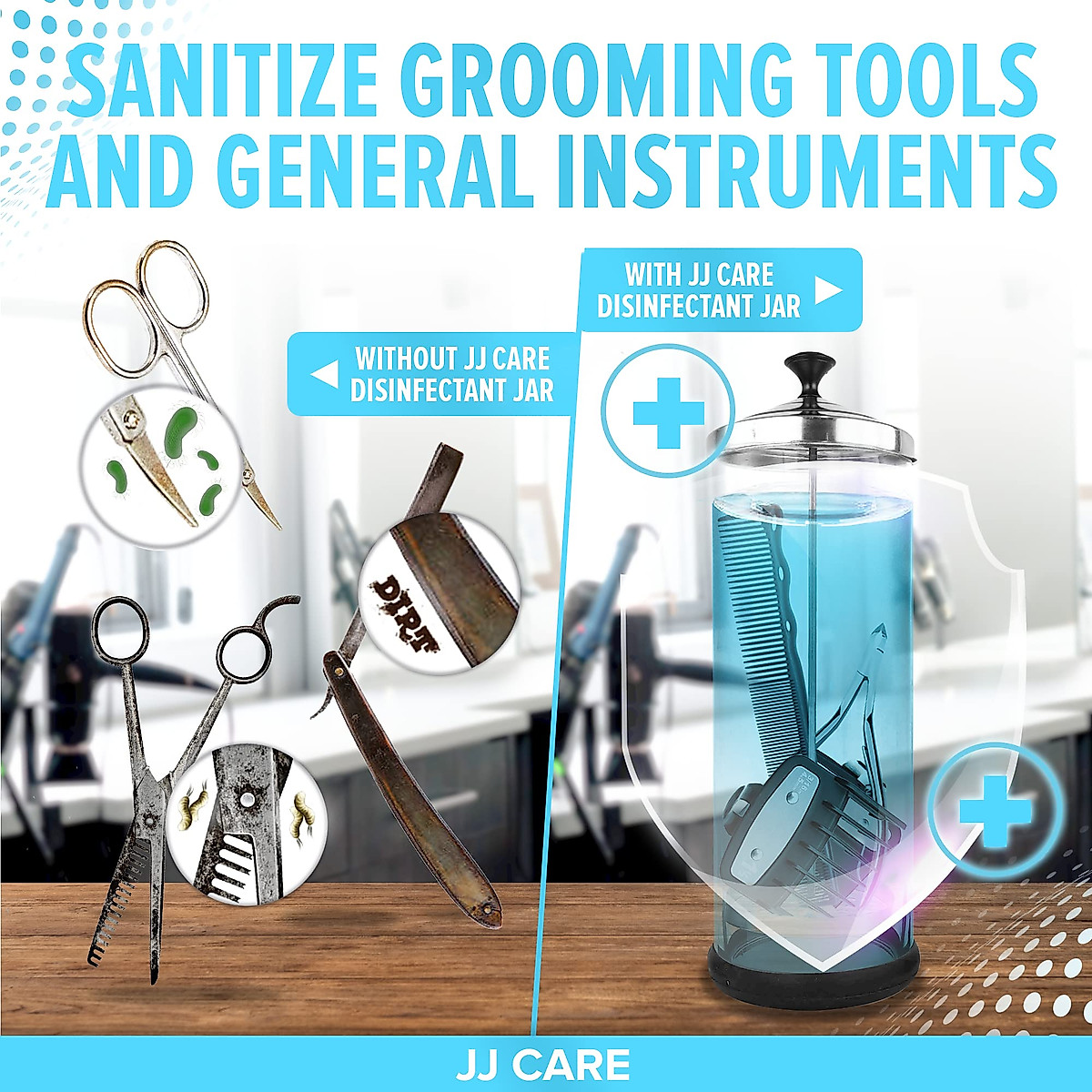 JJ CARE Disinfectant Jar (35 oz) - Barber Jar Glass, Sanitizer Disinfectant Glass Jar, Barber Disinfectant Jar Implement Disinfectant Container w/Stainless Steel Removable Strainer & Cap - Black Lid