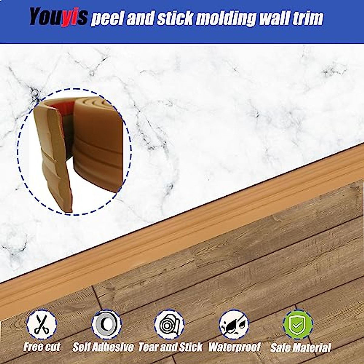 Youyis Flexible Baseboard Molding Trim,4 inch(W) *16.4 ft(L) Peel and Stick Rubber Wall Base Molding Trim, Self Adhesive Soft Foam Wall Baseboards Moulding Trim for Wall Base Cove Base.(Brown)