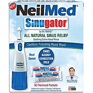 NeilMed Sinugator Cordless Pulsating Nasal Wash Kit with One Irrigator, 30 Premixed Packets and 3 AA Batteries(Pack of 1)