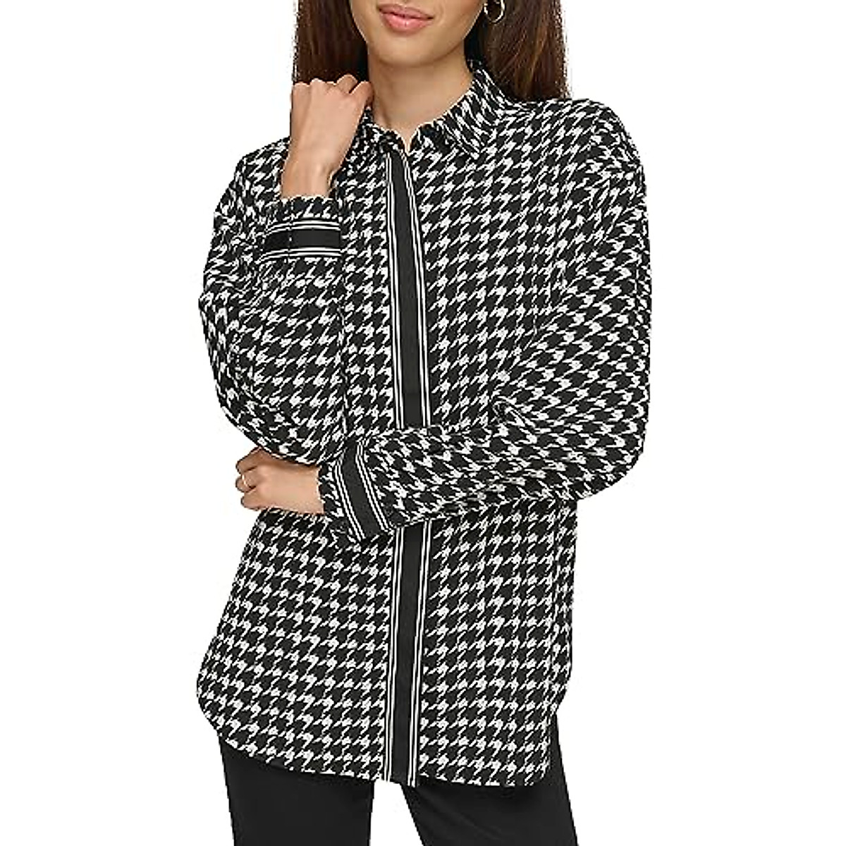 Karl Lagerfeld Paris Women's Oversize Houndstooth Blouse, Black/Soft White