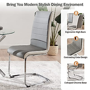 Modern Dining Table Set for 2 Person,3 Pieces Kitchen Dining Room Sets with Glass Round Table Top,Chrome Legs + 2 Grey with White Side,Faux Leather High Back Dining Room Chairs Set for Home Office