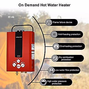 Tankless Water Heater, GASLAND Outdoors BE158R 1.58GPM 6L Portable Gas Water Heater, Instant Propane Water Heater, Overheating Protection, Easy to Install, for RV Cabin Barn Camping Boat, Red
