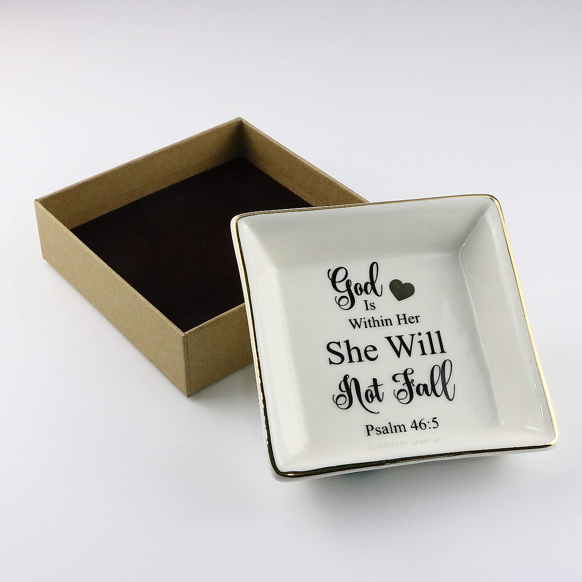 JoycuFF Religious Gifts for Women Inspirational Christian Jewelry Trinket Dish Birthday Gifts for Sister Daughter Mother Aunt Christians God Is Within Her She Will Not Fall