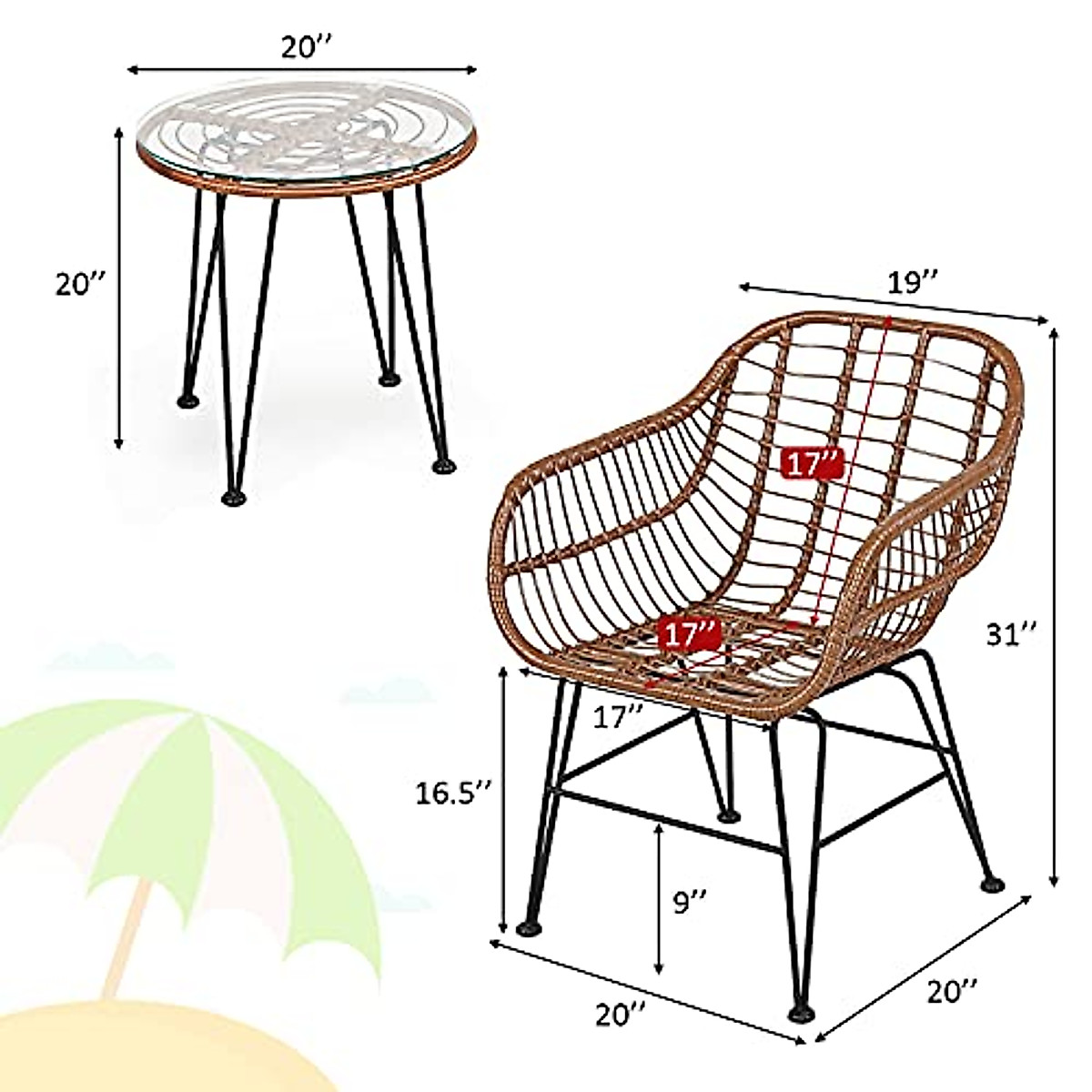 Tangkula 3 Pieces Patio Conversation Bistro Set, Outdoor Wicker Furniture w/Round Tempered Glass Top Table & 2 Rattan Armchairs, Bistro Chat Set w/Seat Cushions for Porch, Backyard, Garden (White)