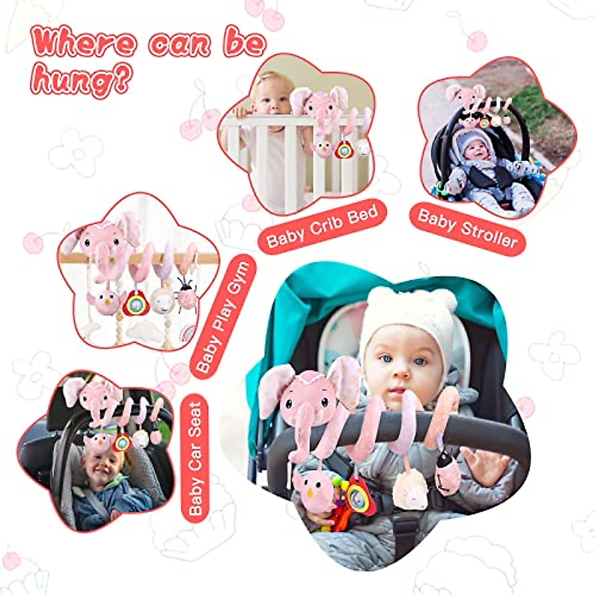 JERICETOY Baby Car Seat Toys Stroller Toys Crib Toys Infant Activity Spiral Plush Toys Hanging Stroller Toys for Baby Car Seat Stroller Bar Crib Bassinet Mobile with Music Squeaker Rattles (Elephant)