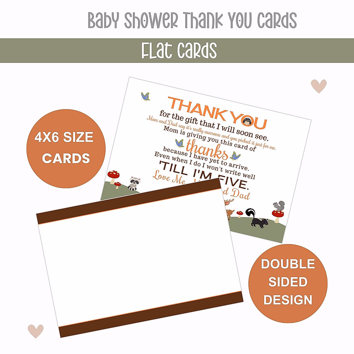 Woodland Baby Shower Thank You Cards and Envelopes – 25 Pack, Rustic Forest Animals Orange Notes Set, Prefilled Message, Customizable Blank Stationery, Gender Neutral, New Parents Gift Ideas