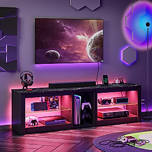 Bestier TV Stand for 70 inch TV with Power Outlets, LED Entertainment Center for PS5, Gaming TV Consoles with Glass Shelves for Living Room, 63'' Inch, Black Marble