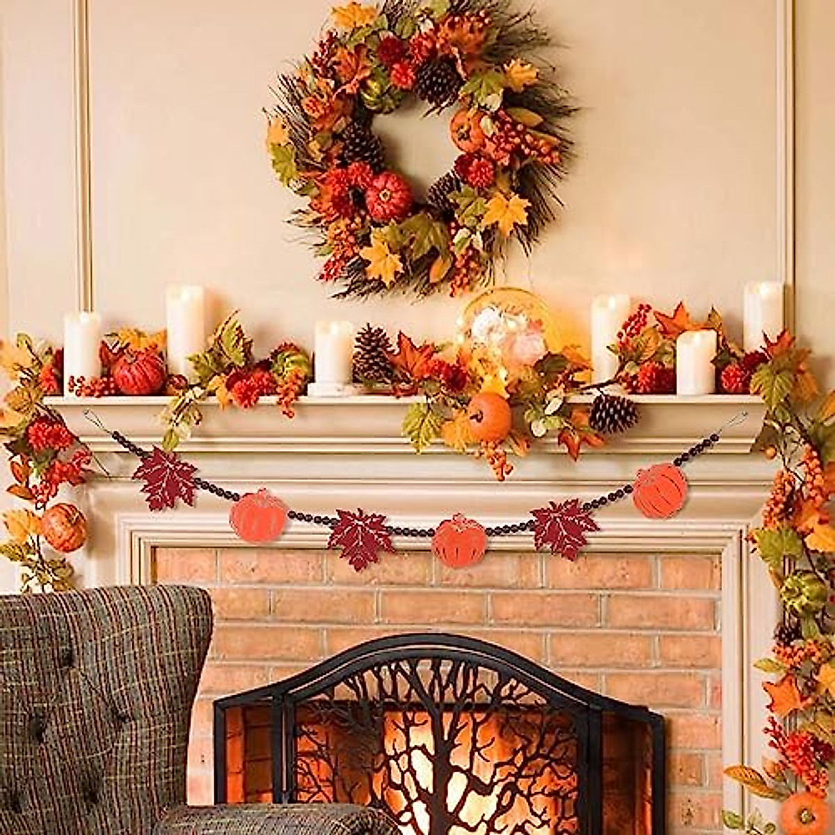Fall Decorations for Home, DEWBIN 47" Farmhouse Wooden Beads Garland with Pumpkin and Maple Leaf for Fall Decor, Fall Thanksgiving Decorations for Tiered Tray, Coffee Table, Mantel, Dining Room, Wall