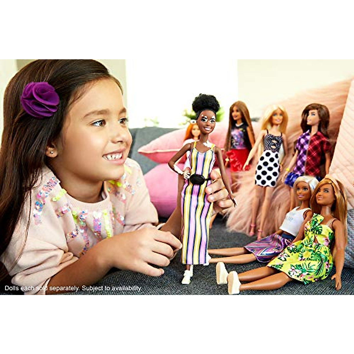 Barbie Fashionistas Doll with Vitiligo and Curly Brunette Hair Wearing Striped Dress and Accessories, for 3 to 8 Year Olds​