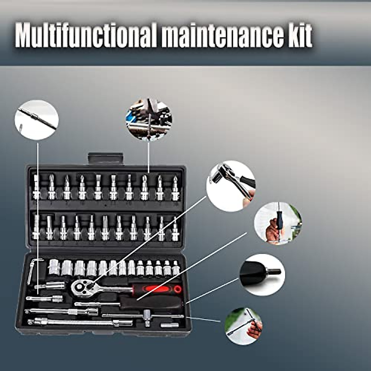 Sutlumisi 46Pcs Drive Socket Ratchet Wrench Set, 1/4 inch Metric Hex Socket Set & Bit Socket Set & Extension Bars, Car Tools Kit for Automotive Repair & Household