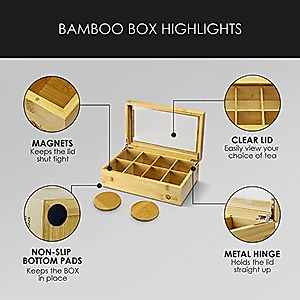 Premium High-end 100% Natural Bamboo Tea Box with 2 Coasters - Wooden Tea Organizer - Tea Bag Organizer Wooden Storage Box - 8 Adjustable Compartments - Clear Lid - Magnet Closure