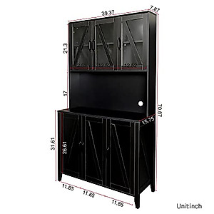 Goohome Large Freestanding Kitchen Pantry, Buffet Sideboard Wardrobe& Kitchen Glass Doors,Open Shelves and Drawer,Tall Utility Storage Cabinet for Living Room, Black