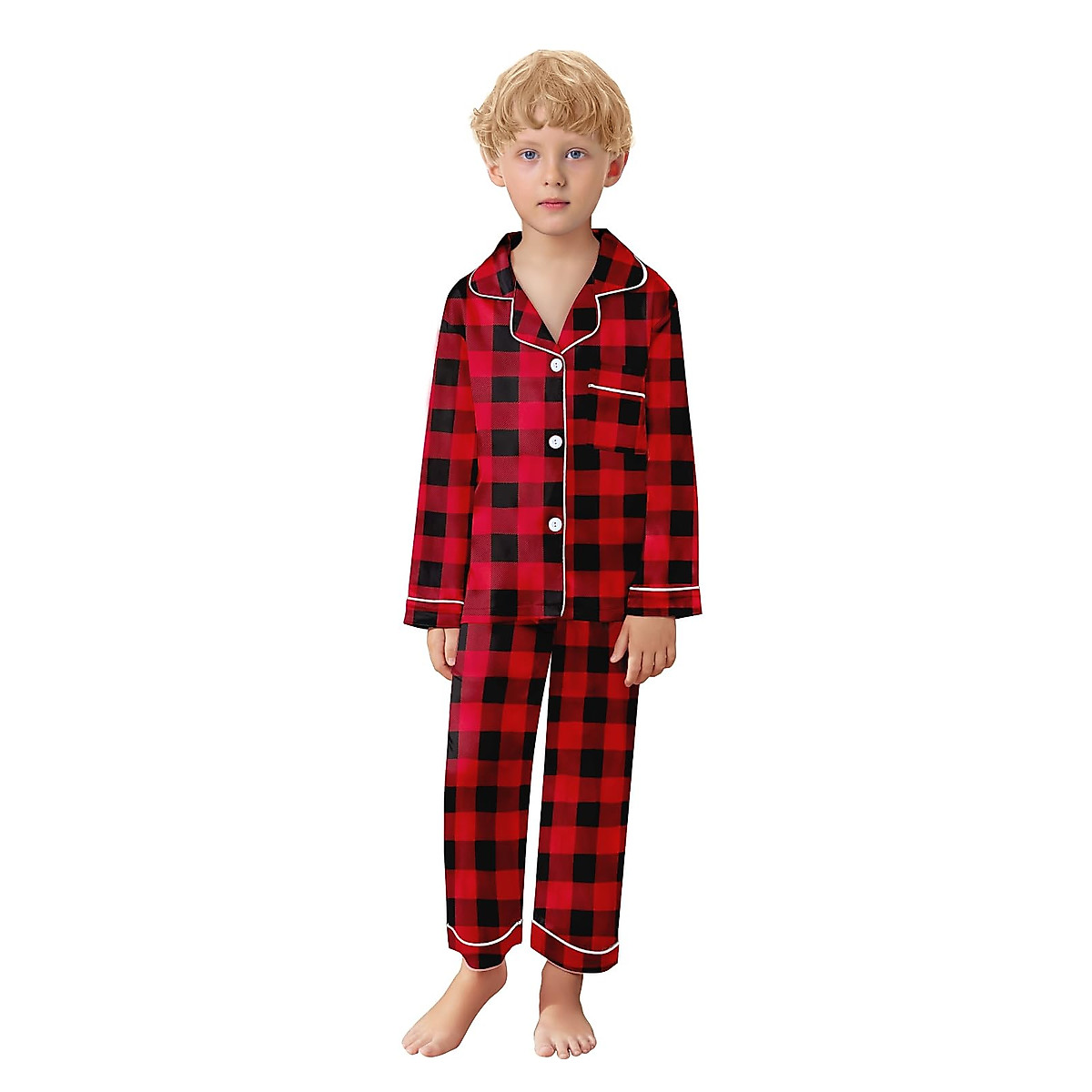 Schbbbta Christmas Family Pajamas Matching Sets Silk Satin Long Sleeve Pj Set Sleepwear, Red Black, 11-12 Years = Tag 160