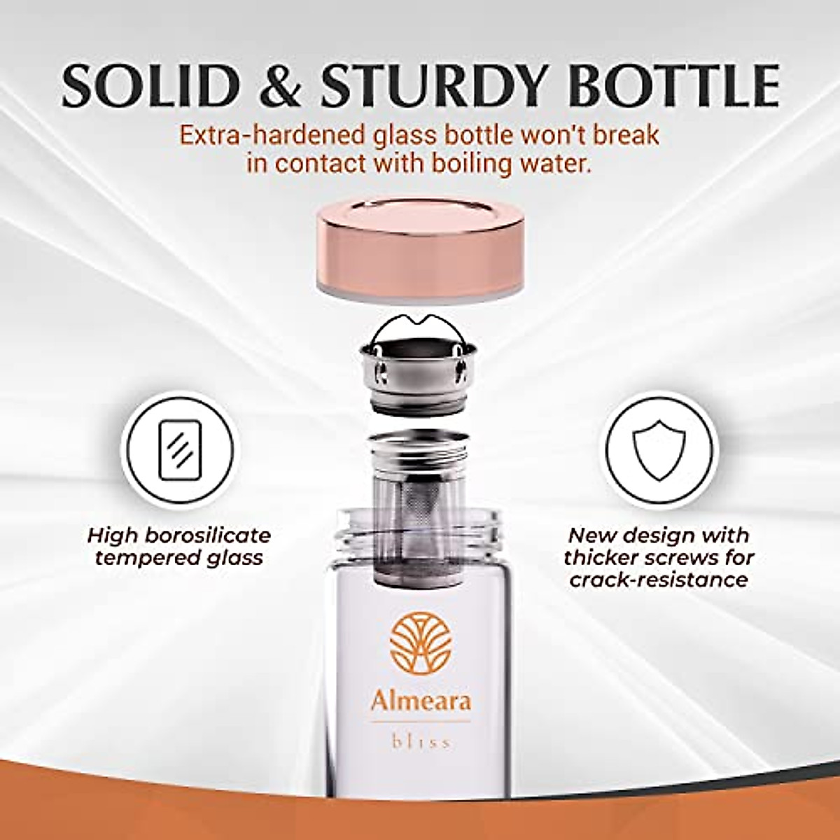 Almeara Crystal Water Bottle with Authentic Amethyst, Rose Quartz & Clear Quartz Removable Gemstones, Loose Leaf Tea Infuser - Relaxation, Healing & Spiritual Gifts for Women - Witchcraft Supplies