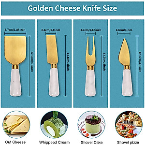 Funland 4PCs Gold Cheese Knife Spreader Set, Cute Butter Knife Slicer with Marble Handle, Cheese Spredering, Fruit Fork and Spatula for Jams - Cheese Board Accessories for Holiday, Weddings, Parties