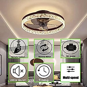 CHITBIT 19.7" Ceiling Fan With Lights Remote Control,Dimmable Enclose Bladeless Ceiling Fan,Multi Speed and Timing indoor Modern flush mount Low Profile fan Brown