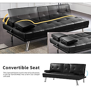 AINN 70 Inch Futon Sofa Bed, Twin Convertible Loveseat Sofa Couch, Removable Armrests Faux Leather Folding Sleeper Sofa with Cup Holder for Living Room Bedroom, Apartment and Small Space(PU, Black)