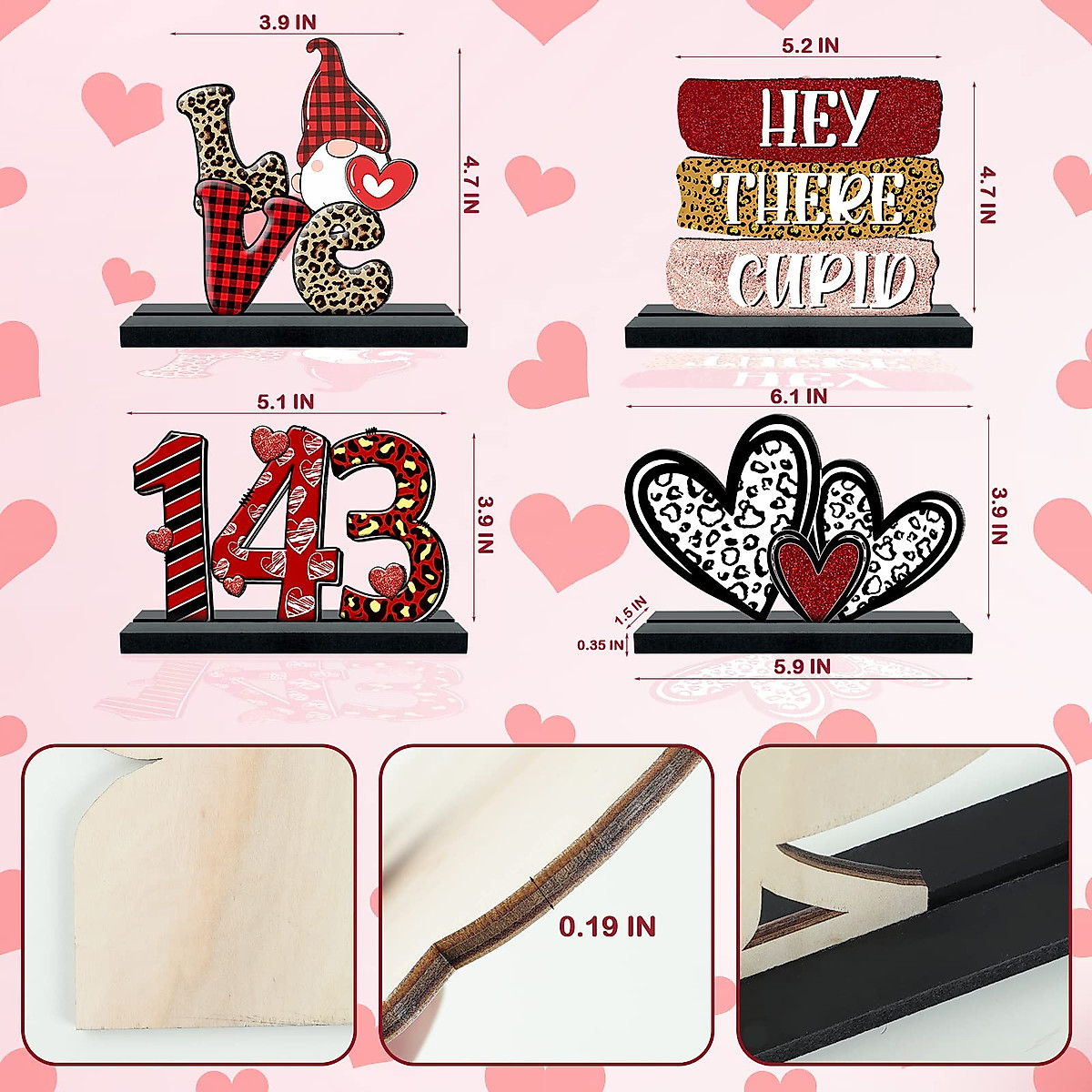 clothmile 4 Pieces Valentine's Day Wooden Heart Sign Hey There Couple Kiss Love Wood Blocks for Happy Valentine's Day Party Table Desk Home Decoration Wedding Decor (valentine 143)