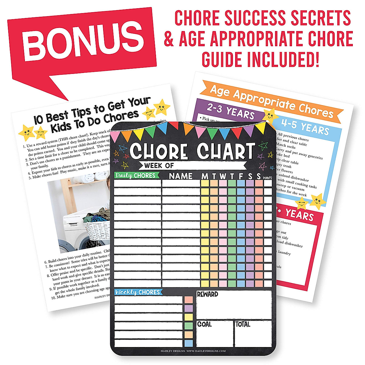 Hadley Designs Magnetic Chore Chart for Kids-12"x17" Reusable Dry Erase Responsibility Chart for Multiple Kids-Weekly Family Organizer with Reward System and Bonus Chore Guide
