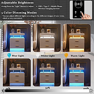 HNEBC Auto LED Nightstands Set of 2,Modern Bedside Table with 2 Ports & Wireless Charging Station,High Gloss Bedside Tables with 2 Drawers,Nightstands for Bedrooms/Living Room (White)