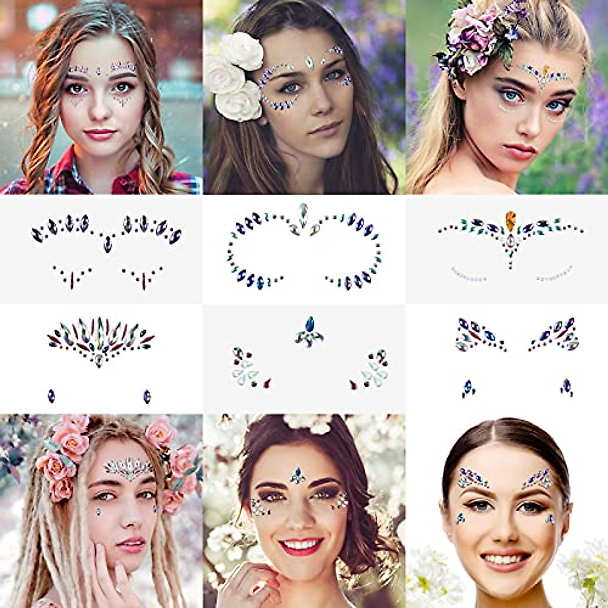 URAQT Face Gems Glitter, 6 Pcs Face Glitter Festival Face Stickers Set, Crystals Stick on Gems for Eyes Body, Self-adhesive Rhinestone Temporary Tattoos Festival Decorations