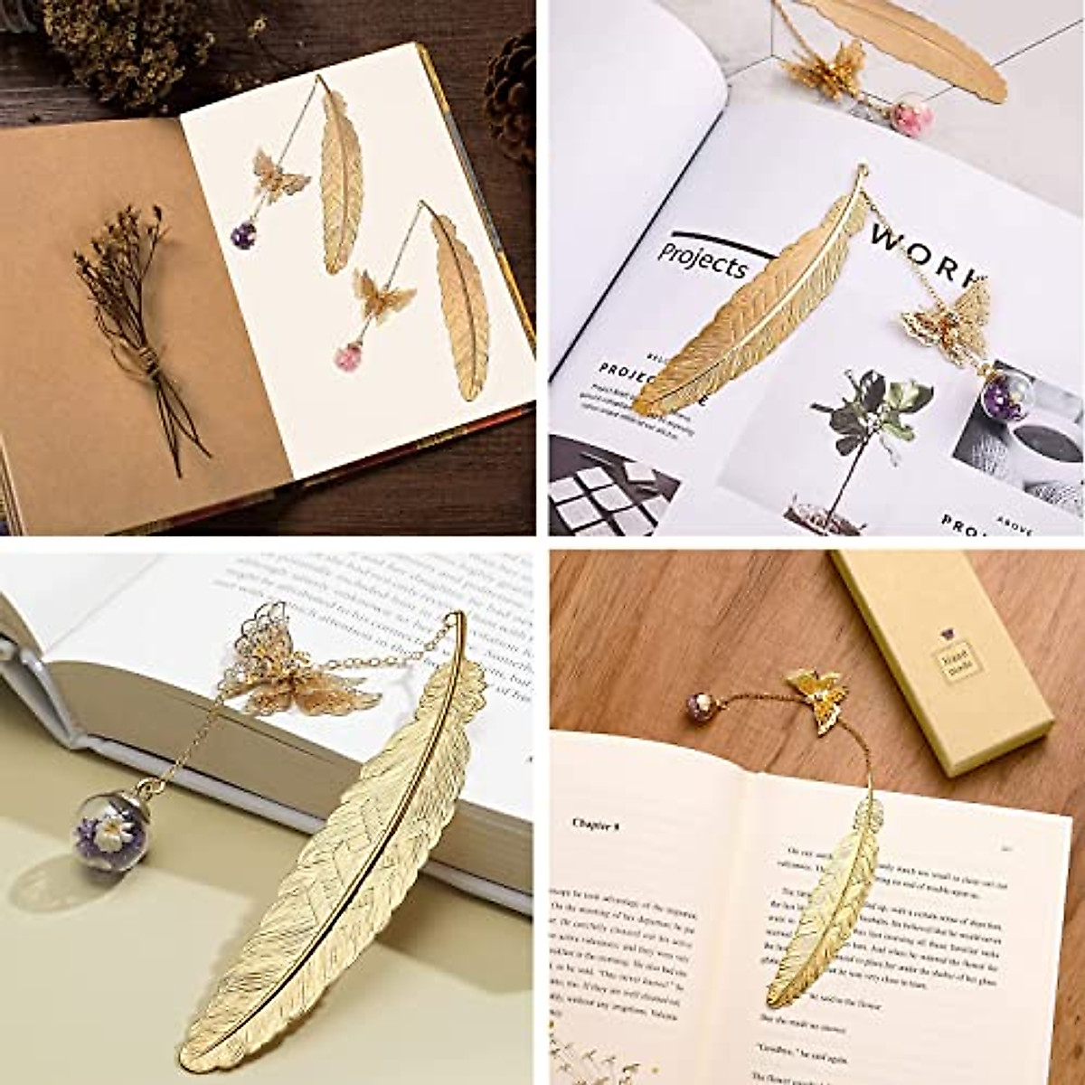 Feather Metal Bookmark Vintage Gift: Creative Book Mark with Butterfly Eternal Flower Crystal Pendant for Teachers Students Friends Lover Readers Kids Girls Women