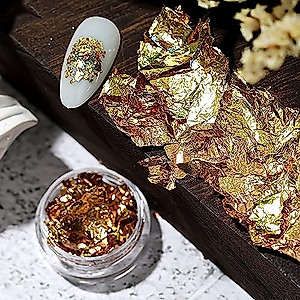 2 Bottles in Different Styles Gold Foil for Nails Golden Glitter Design Gold Foil Fragments and Irregular Gold Flakes for Nails 3D Glitter Nail Sequins Decoration